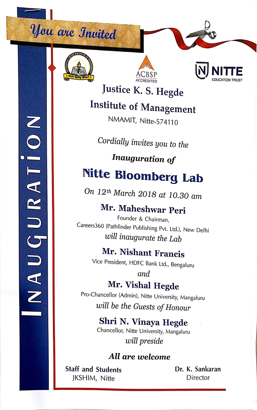 Nitte: Upcoming event: Inauguration of Nitte Bloomberg lab - JKSHIM