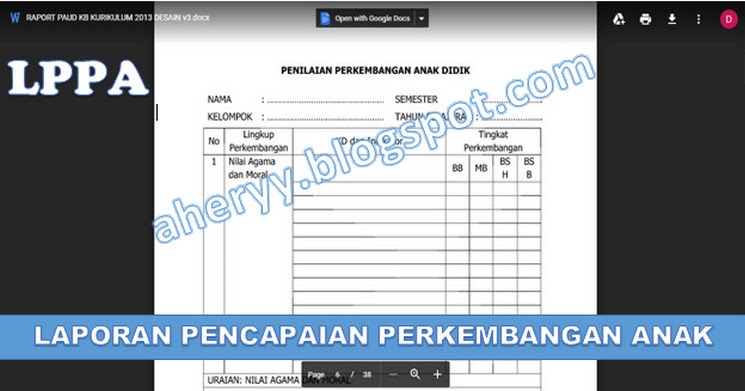 Download LPPA PAUD, Raport TK Kelompok Bermain Kurikulum 2013 Versi III ...