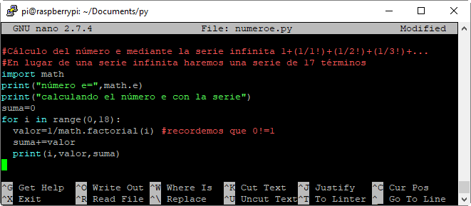 Alto Código: El número e como una serie infinita en Python
