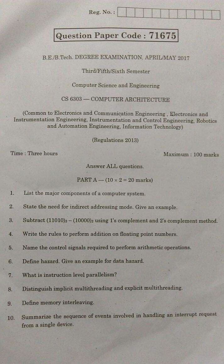 CS6303 Computer Architecture April / May 2017 Question Paper ...