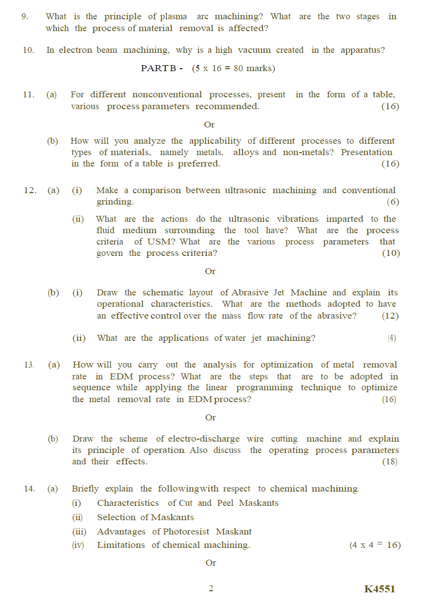 ME2026 Unconventional Machining Processes, ME1001 May June 2009 ...