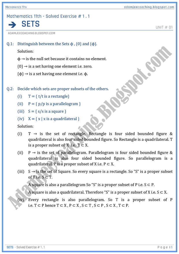 Adamjee Coaching: Sets - Exercise 1.1 - Mathematics 11th