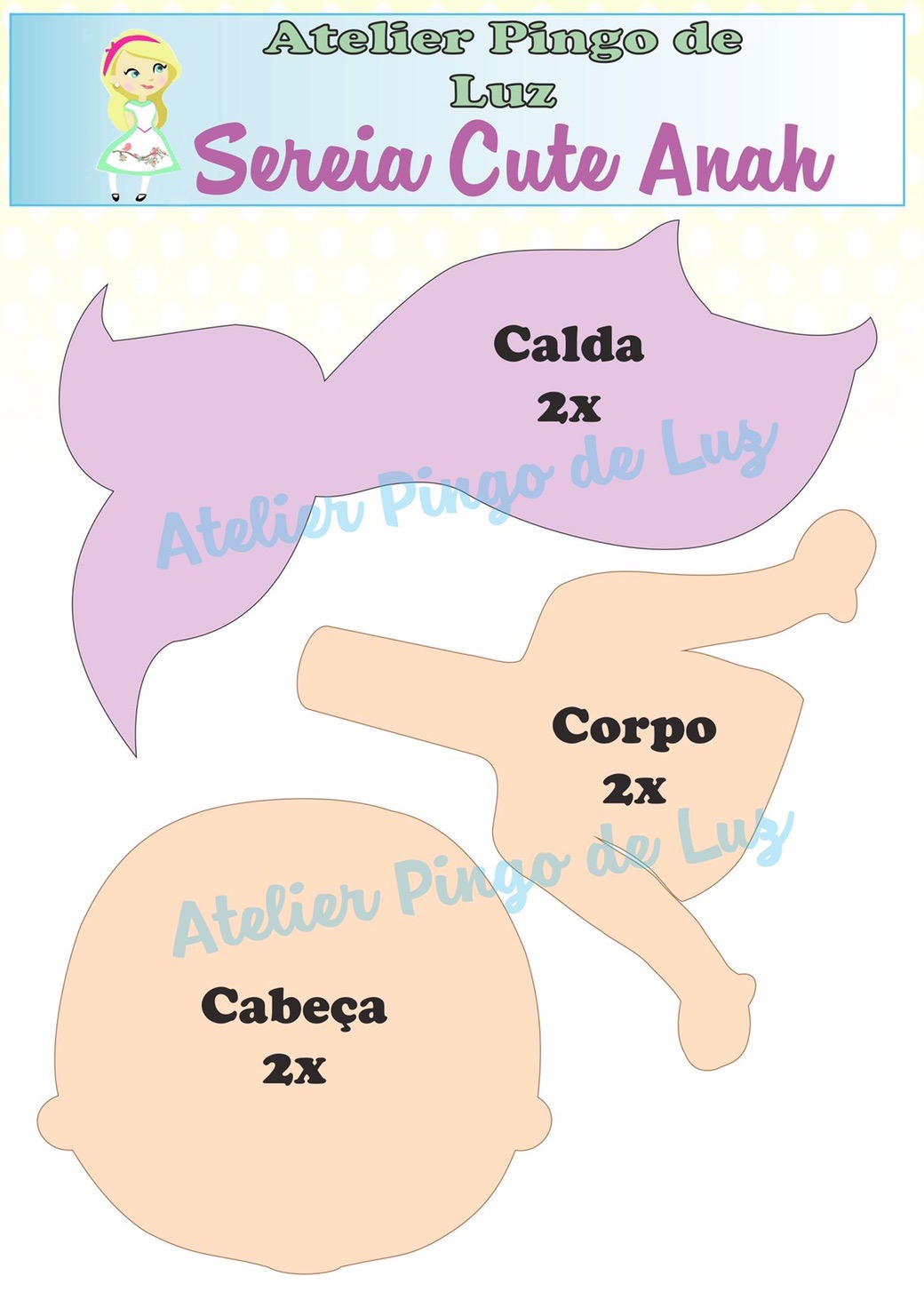 Molde Sereia Cute para imprimir em feltro e eva