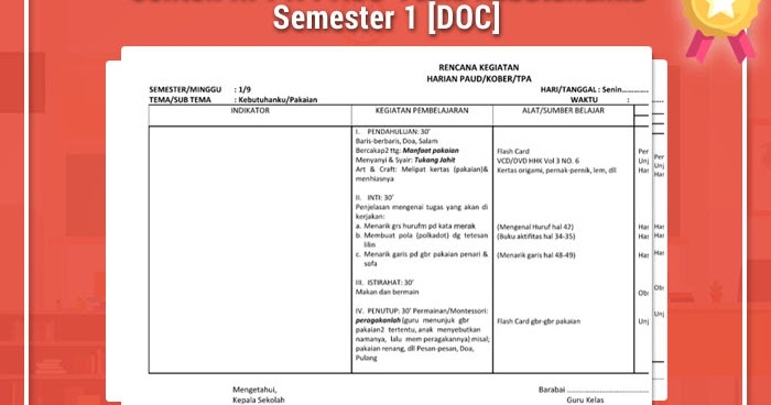 Contoh RPPH PAUD Tema Kebutuhanku Semester 1 [DOC] | GURU PAUD