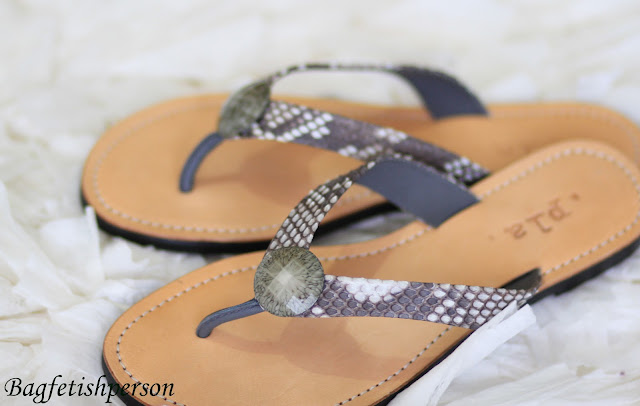 bagfetishperson: Recent haul: snakeskin vs. snakeprint thong sandals