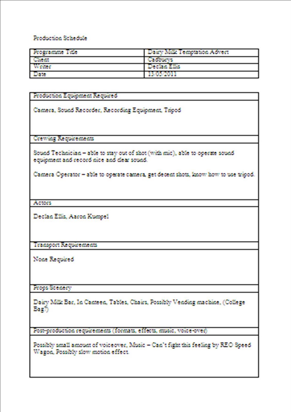 DCA Productions: Declan Ellis - Production Schedule
