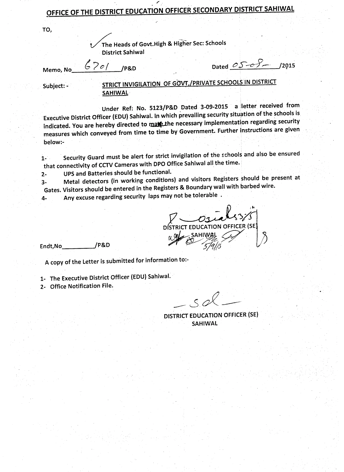 Strict Invigilation of Schools - Education Desk Sahiwal