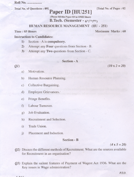 HU-251 Human Resource Management PTU 06th Semester B.Tech 2008 Question ...