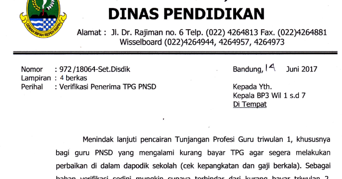 Verifikasi Penerima TPG PNSD dan Pengumpulan SK. Inpassing Guru Non PNS ...