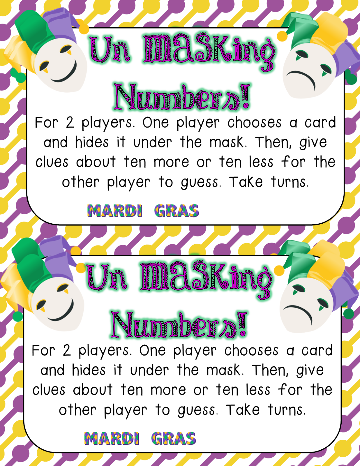 Mardi Gras Madness!!!!!!! Math mini unit on Ten More and Ten Less ...