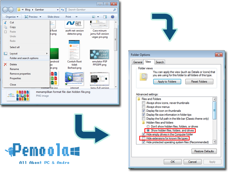 Menampilkan Format File dan Hidden File-Folder di PC Windows XP, 7, 8 ...