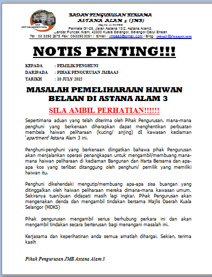 Selamat Datang ke .JMB ASTANA ALAM 3: LARANGAN PEMELIHARAAN BINATANG
