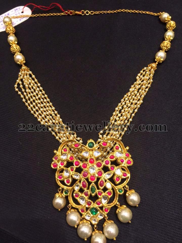 Pearls Set with Kundan Locket 65gms - Jewellery Designs