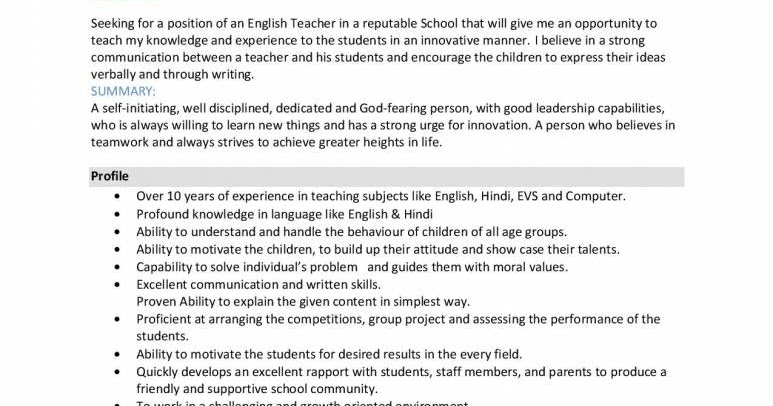 Best Sample Resume for Hindi and English Teacher - B.Ed Experienced CV