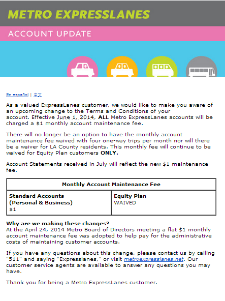 FasTrak Toll Road Lanes Now Charge a $1 Per Month Maintenance Fee?
