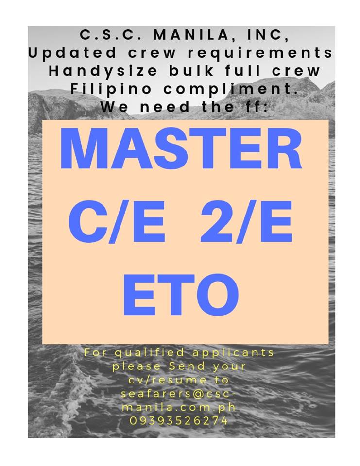 Master, Chief Engineer, 2nd Engineer, Electrician For Handysize Bulk ...