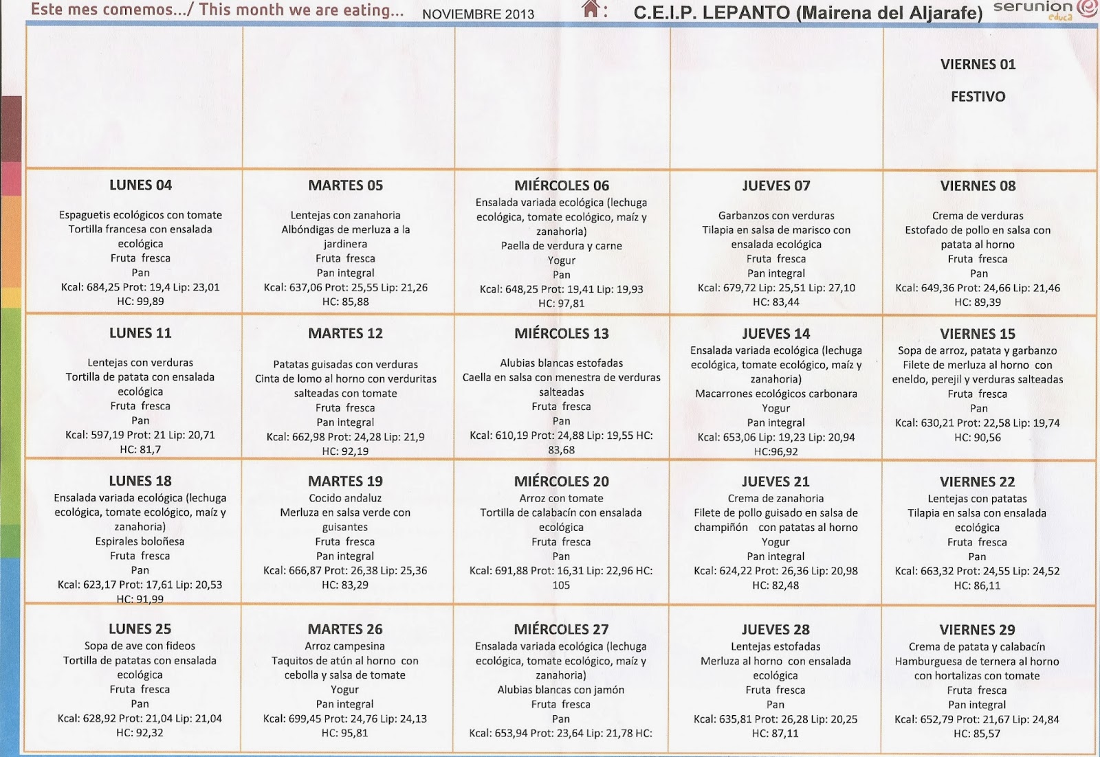 AMPA CEIP LEPANTO MAIRENA: MENU COMEDOR MES DE NOVIEMBRE