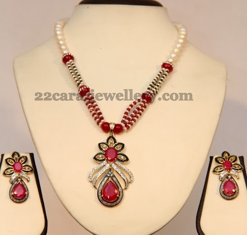 Pearl Set with Ruby Floral Locket - Jewellery Designs