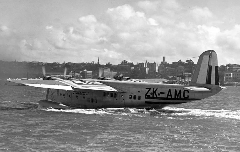 transpress nz: TEAL flying boat in Auckland Harbour, 1940