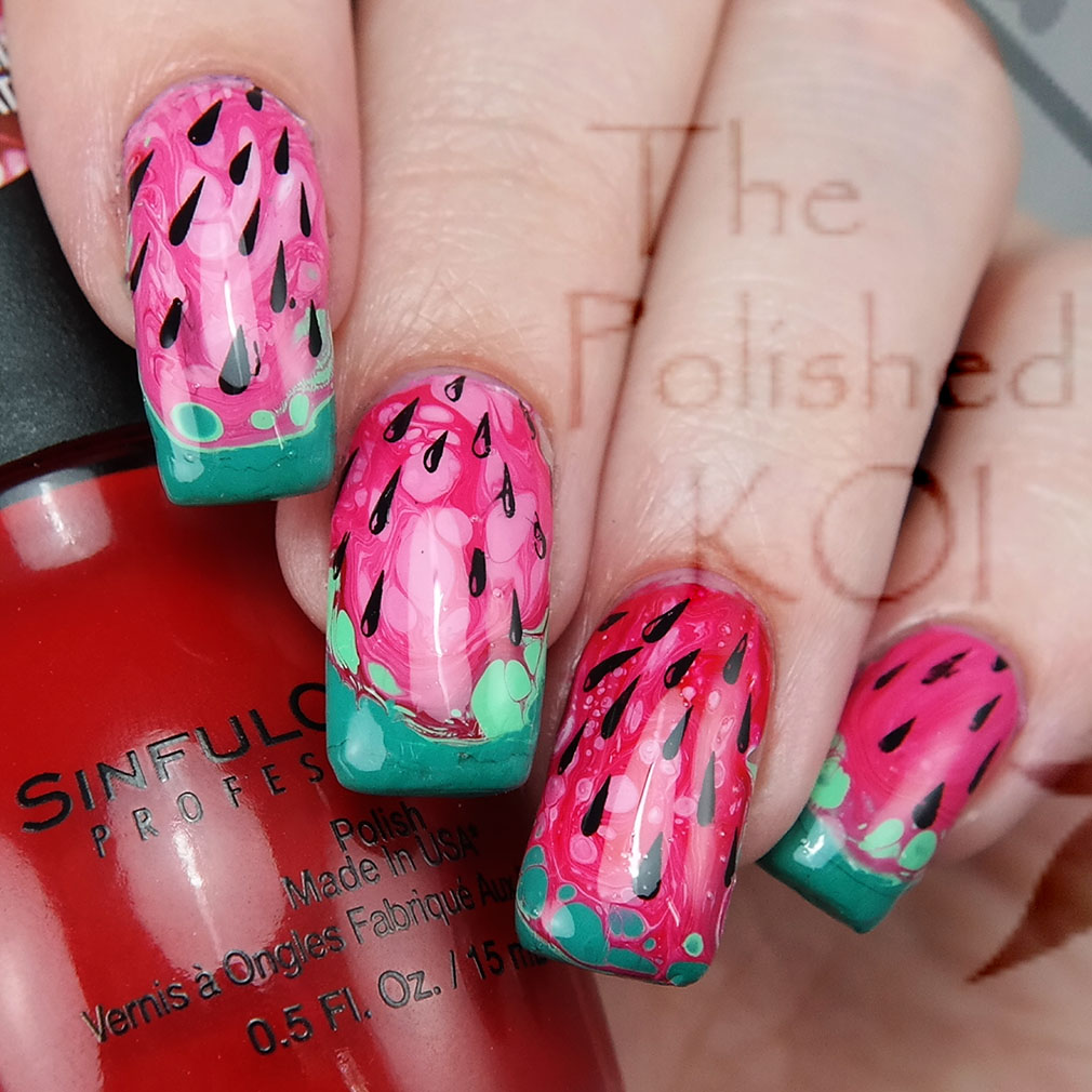 The Polished KOI: Watermelon Fluid Nail Art ft. Sinful Colors Redrum