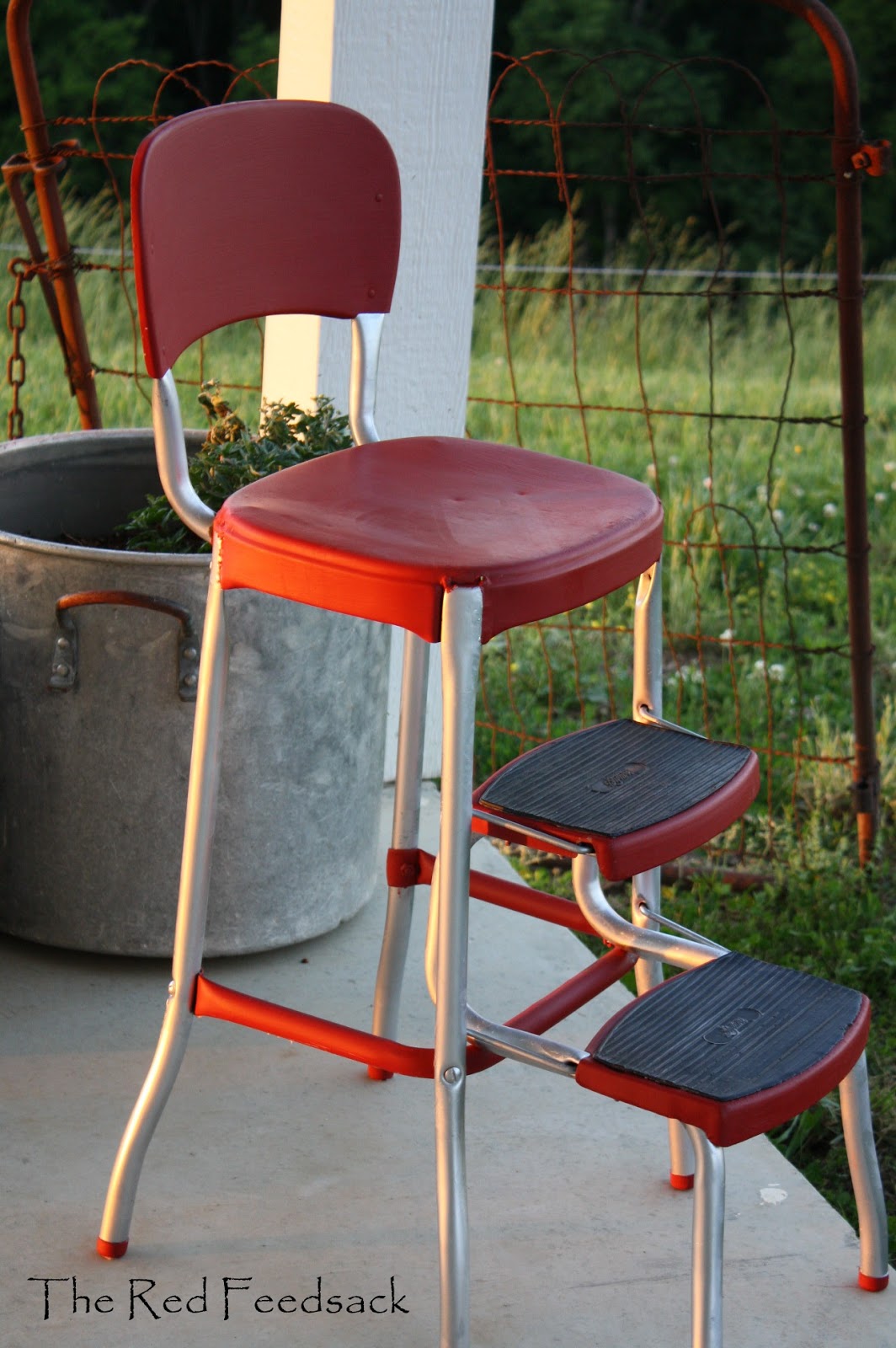 The Red Feedsack: The Little Red Stool (ready for its new home!)