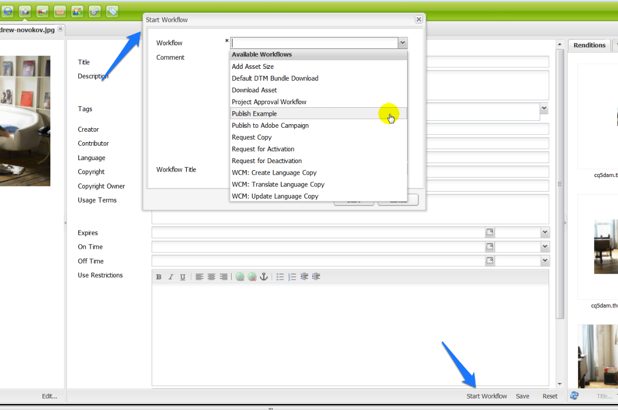 Experiencing Adobe Experience Manager Aem Cq Aem 6 Classic Ui Starting Workflow From Asset