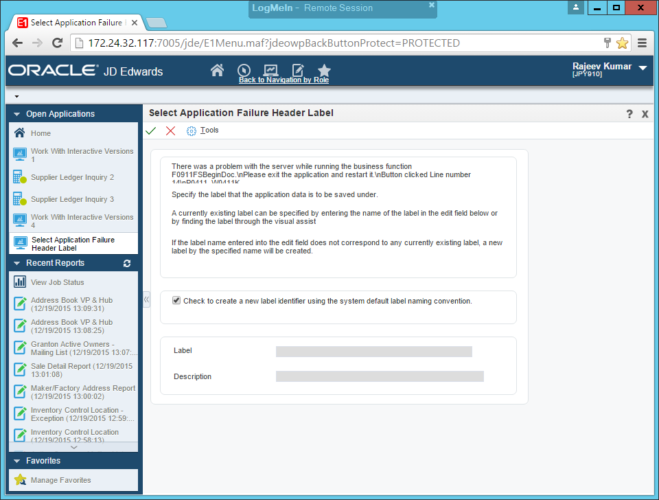 Technical Corner: Select Application Failure Header Label JDE- web ...