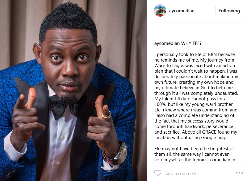 BBNaija: Why I dumped TBoss and campaigned for Efe' - Comedian AY explains