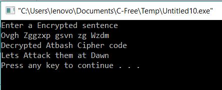 All C Programs: Program 227: Decryption of Atbash Cipher in C