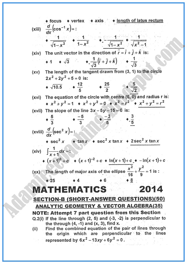 Adamjee Coaching: Mathematics 2014 - Past Year Paper - Class XII