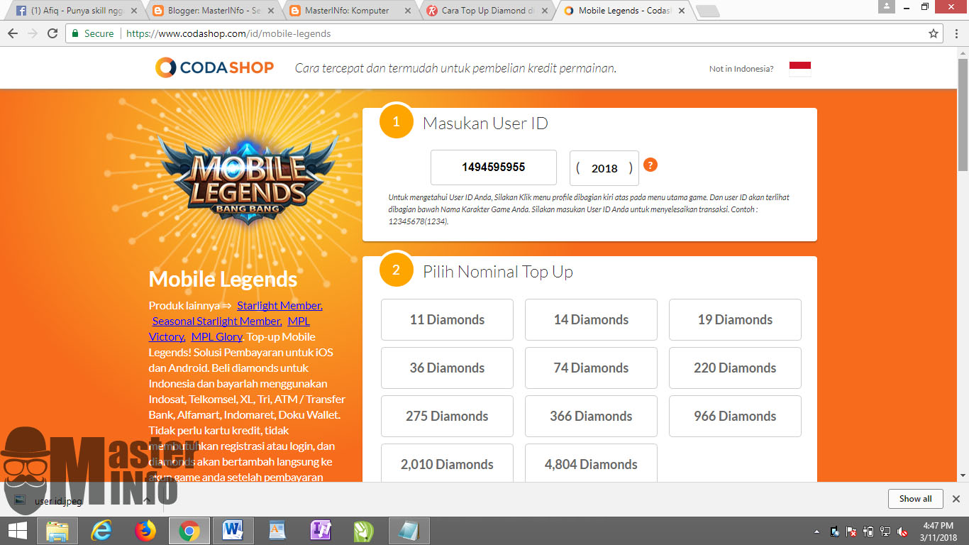 Cara melakukan TOP UP game mobile legend di codashop ~ MasterINfo