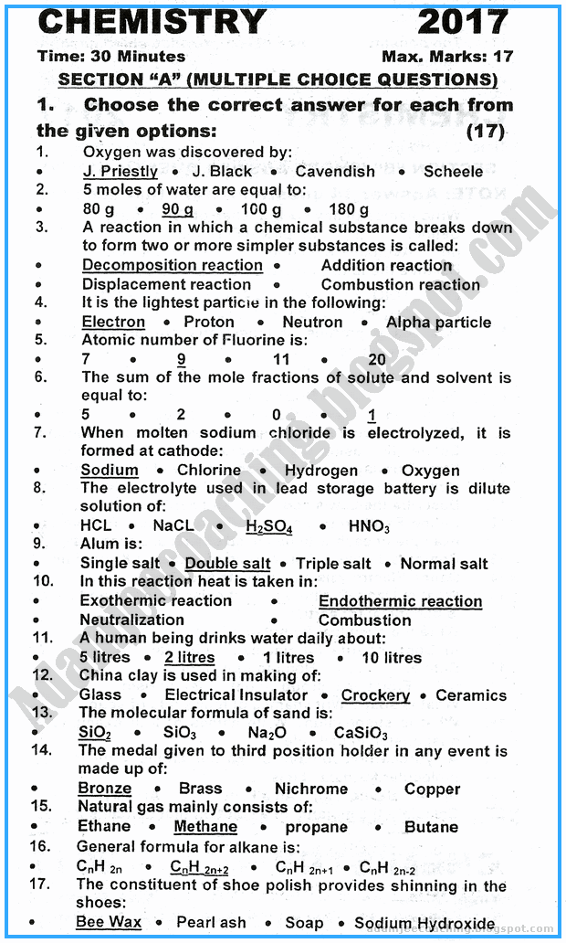 Adamjee Coaching: IX Chemistry - Past Year Paper - 2017