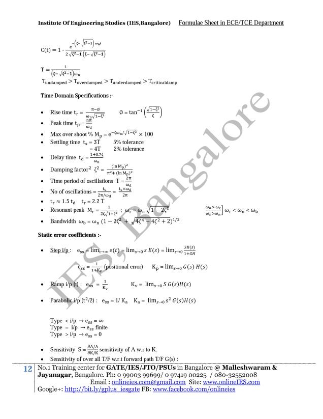 Formula sheets- Control Systems - Gateway of Engineering