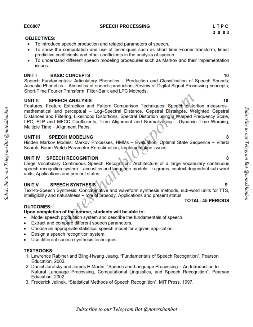 EC6007 Speech Processing-Syllabus-Semester VII-ECE-BE-Anna University ...