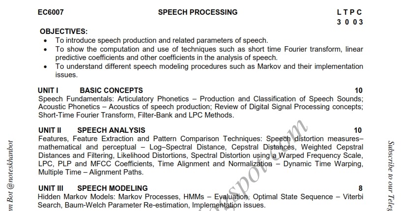 EC6007 Speech Processing-Syllabus-Semester VII-ECE-BE-Anna University | ANNA UNIVERSITY ...