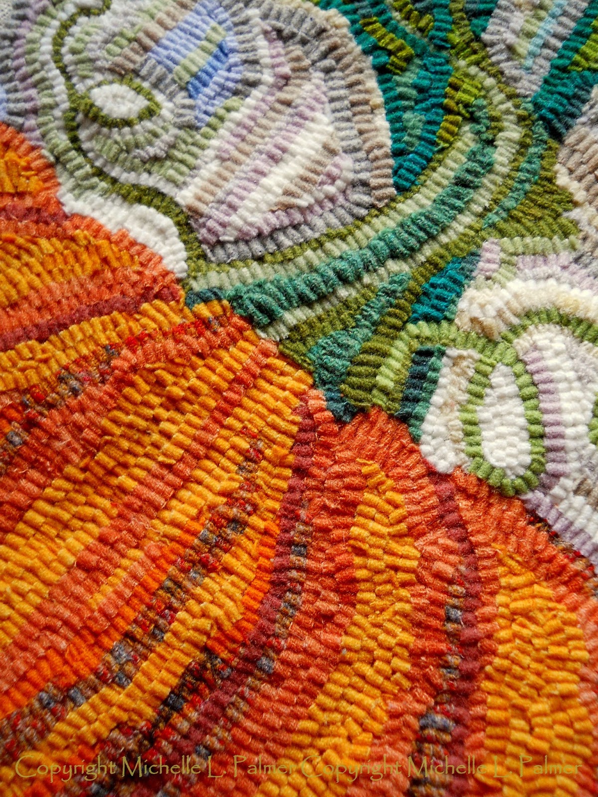 Michelle Palmer: Sunflower in the pumpkin patch hooked rug~