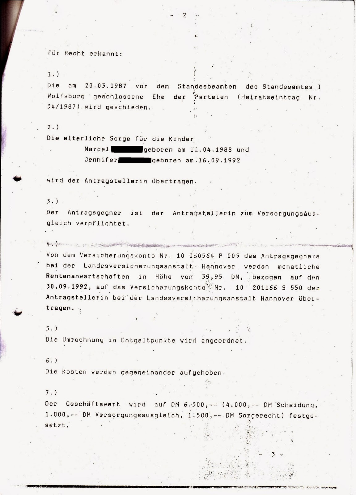 Scheidungsurteil Sonja Wasner Schneidereit Braunschweig 1992