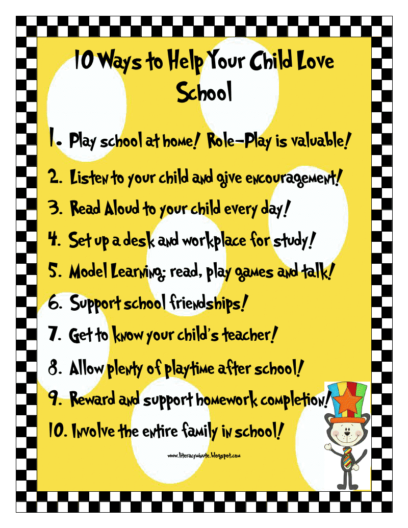 Literacy Minute: 10 Ways to Help Your Child Love School Freebie