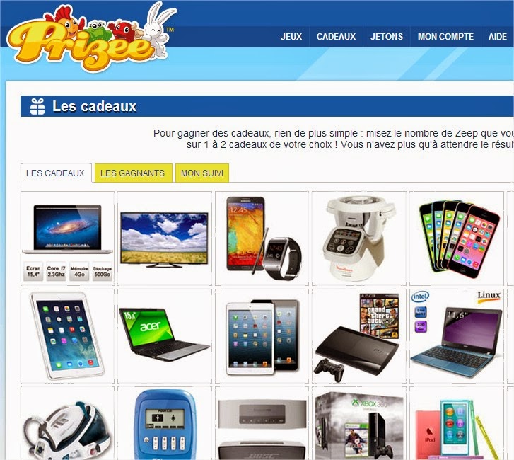 Les jeux flash gratuits de Prizee: Les cadeaux à gagner sur Prizee