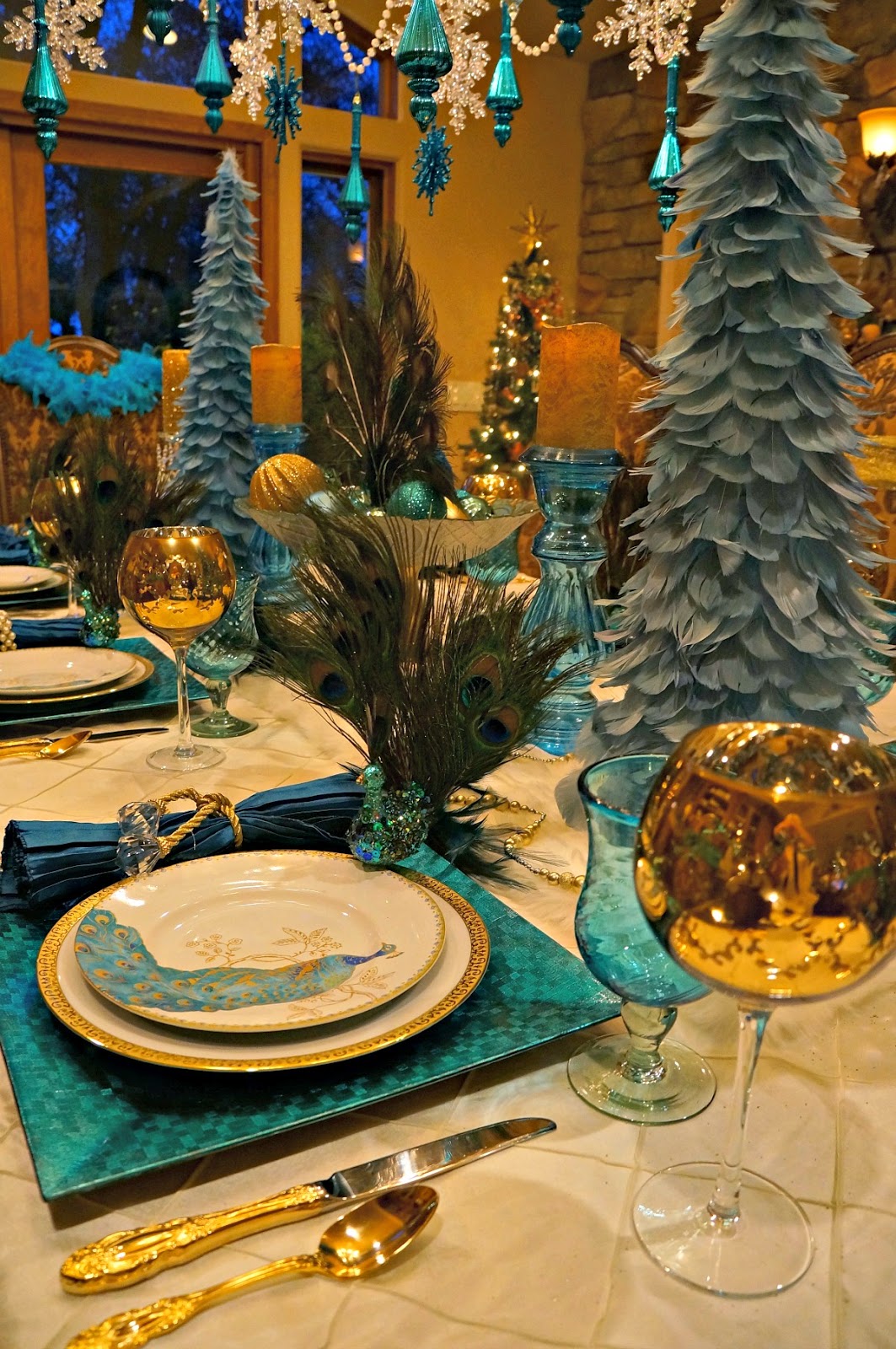 Peacock Tablescape with Aqua & Gold | Life and Linda