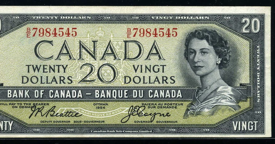 Canadian Banknotes 20 Dollars Banknote 1954 Queen Elizabeth II World canadian-banknotes-20-dollars-banknote-1954-queen-elizabeth-ii-world