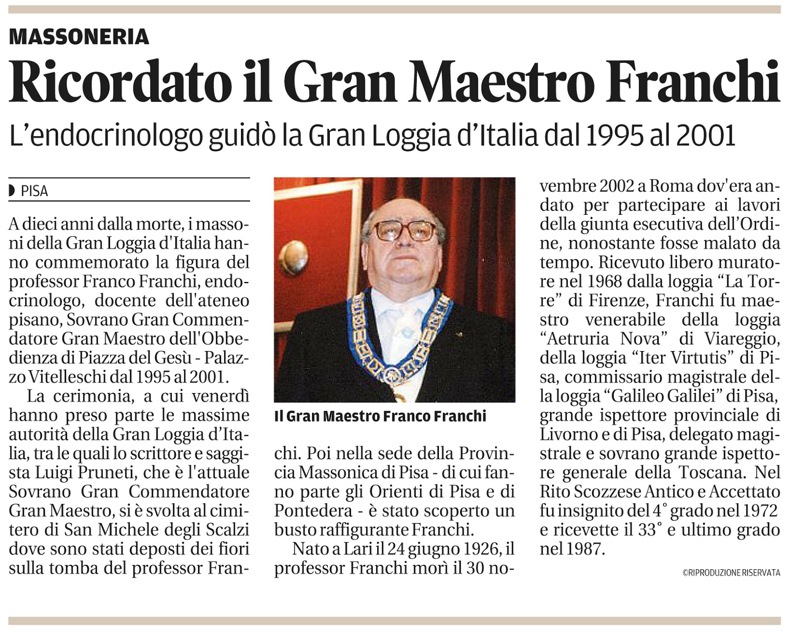 Ricordato il Gran Maestro Franchi