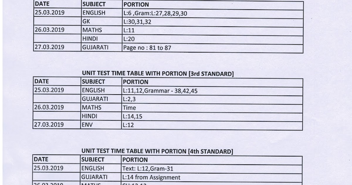 Primary section Unit Test Time Table with portion