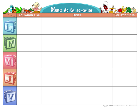 Garderie scolaire : menu-hebdomadaire