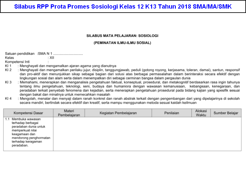 Silabus RPP Prota Promes Sosiologi Kelas 12 K13 Tahun 2018 SMA/MA/SMK ...