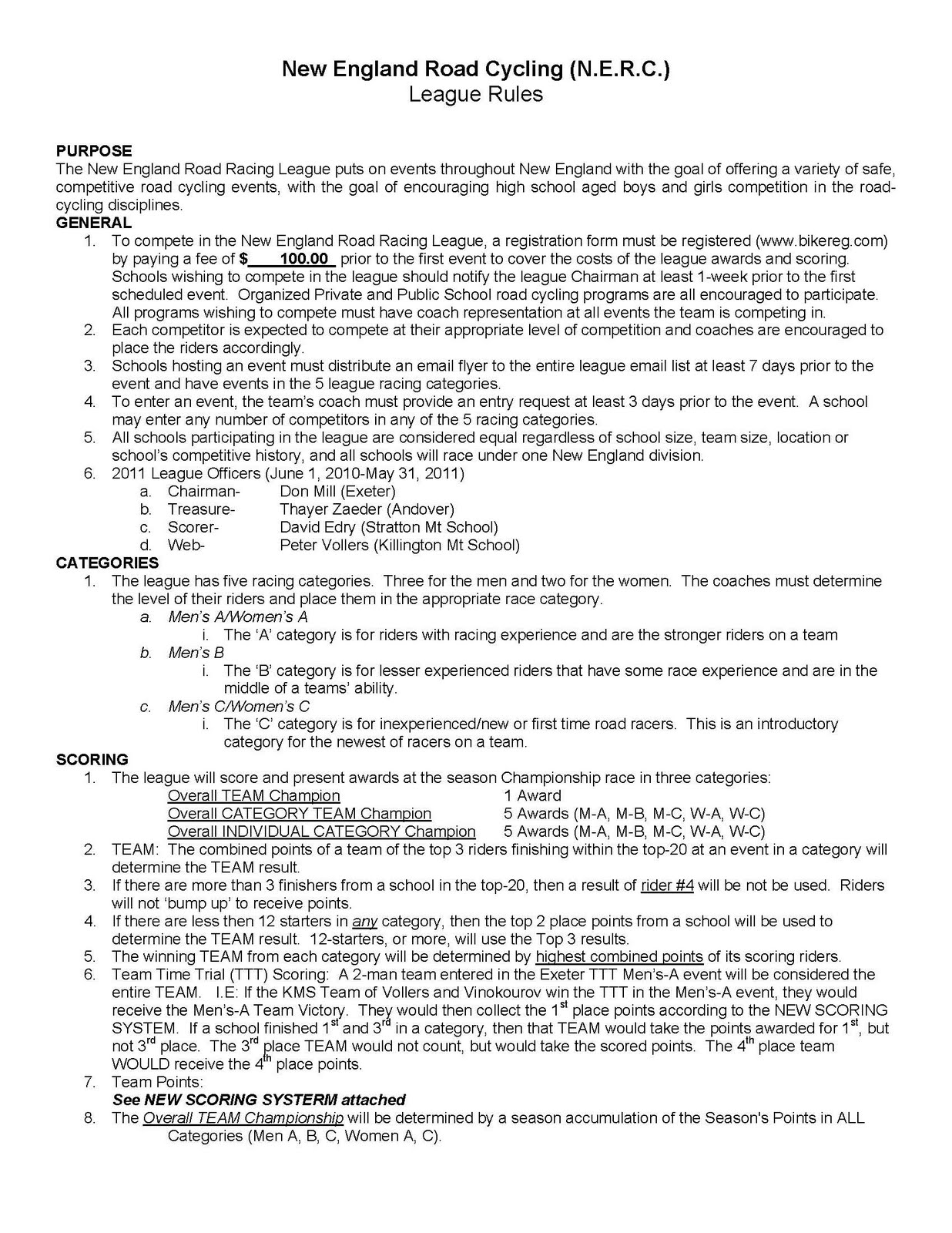 NEW ENGLAND ROAD CYCLING LEAGUE: 2011