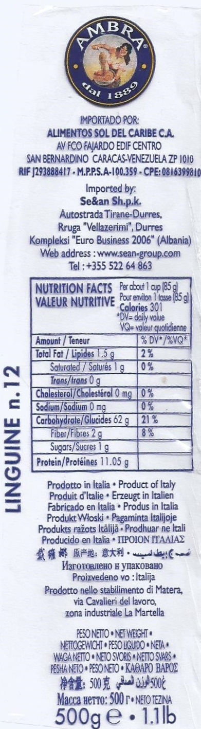 Pasta Importada: AMBRA "Di Puglia dal 1889" Linguine n. 12 500 gr 1.1 lb