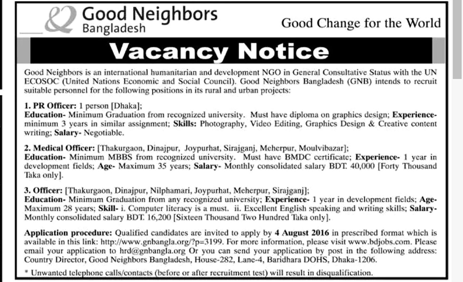Go Jobs View: Career Opportunity in Good Neighbors NGO 2016