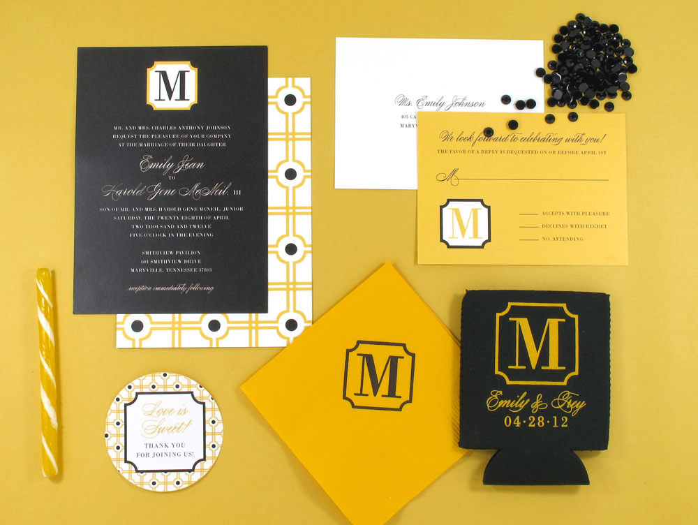 Be True: Be True Designs Mod Black, White and Yellow Wedding Invitations