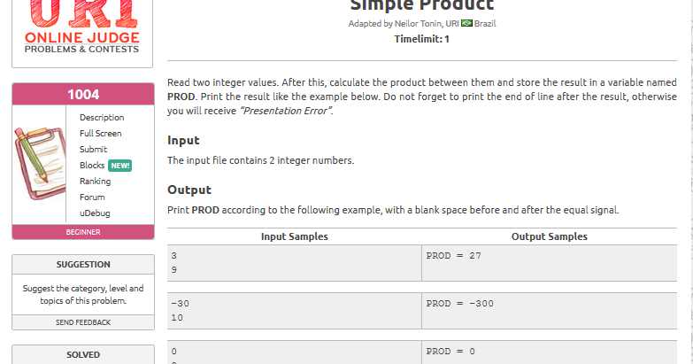 1004.Simple Product in python - URI problem's solution in Python